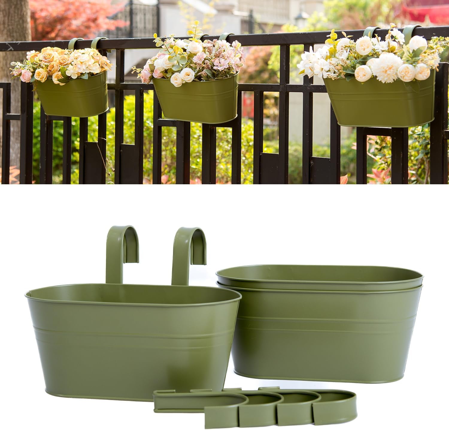 3 Pack Metal Hanging Flower Pots for Railing Fence，Outdoor Balcony Rail ...