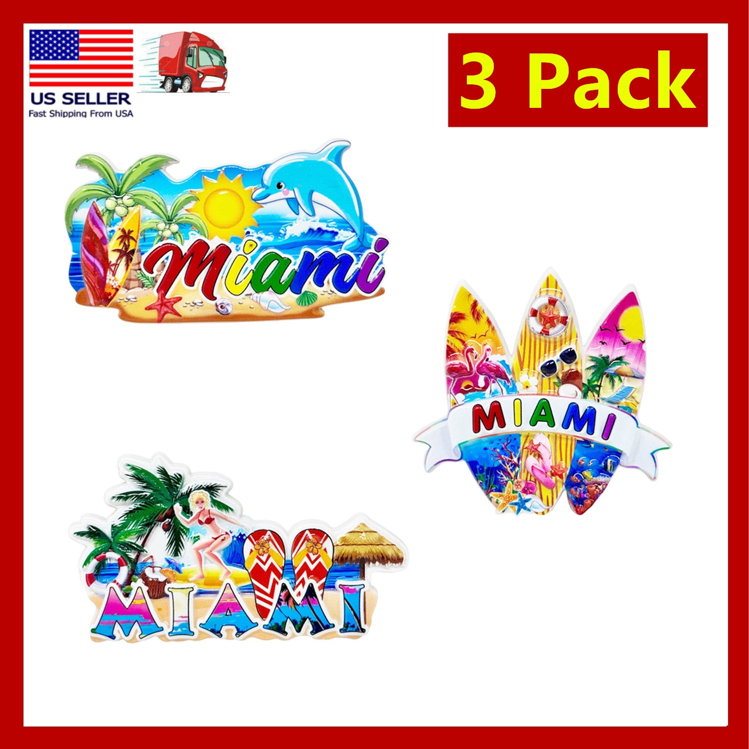 3 Pack Miami Fridge Magnets – 3D Miami Souvenir Refrigerator Magnet ...