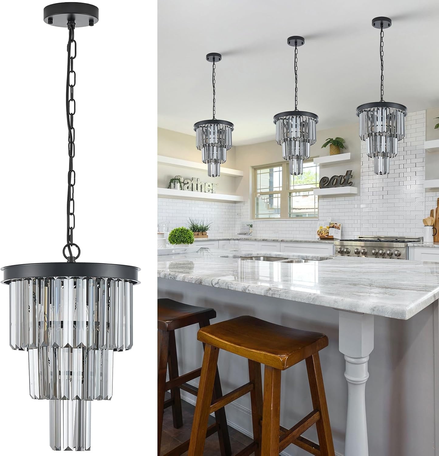 3 Pack Mini Crystal Pendant Light, Mini Smoke Gray K9 Crystal ...