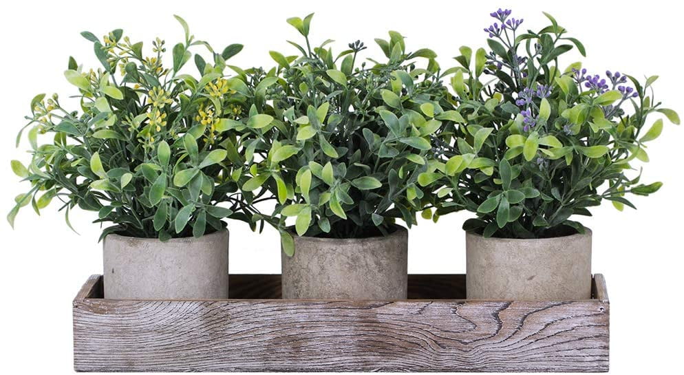 3-Pack Mini Faux Boxwood Plants in Wood Planters - 8.5" Artificial ...