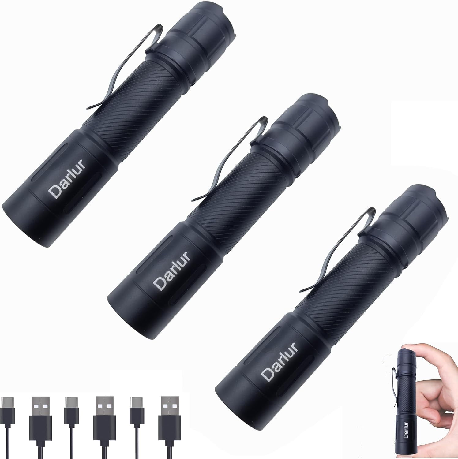 3 Pack Mini Small Pocket LED Flashlight，USB Rechargeable High Lumens ...