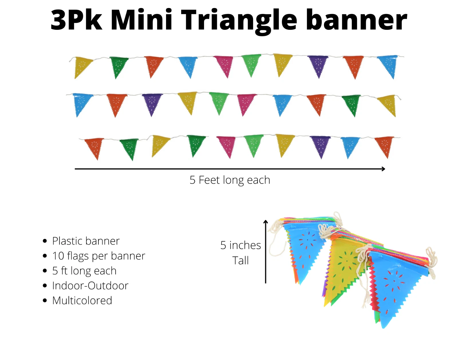 3 Pack Mini Triangle Flags Banner Multicolor, 10 Flags Per Banner, 5Ft ...