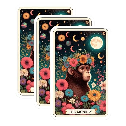 (3 Pack) Monkey Tarot Card Decals - Floral Crown Ape Stickers ...