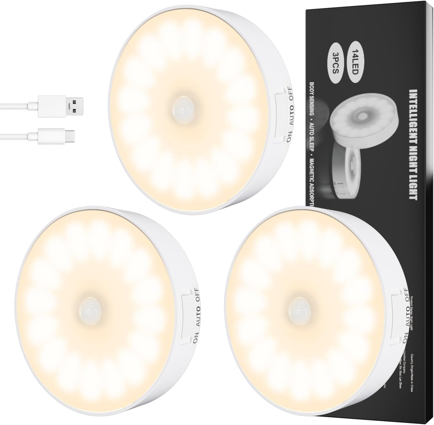 3 Pack Motion Sensor Light Indoor, Upgraded 14 LEDs Night USB ...