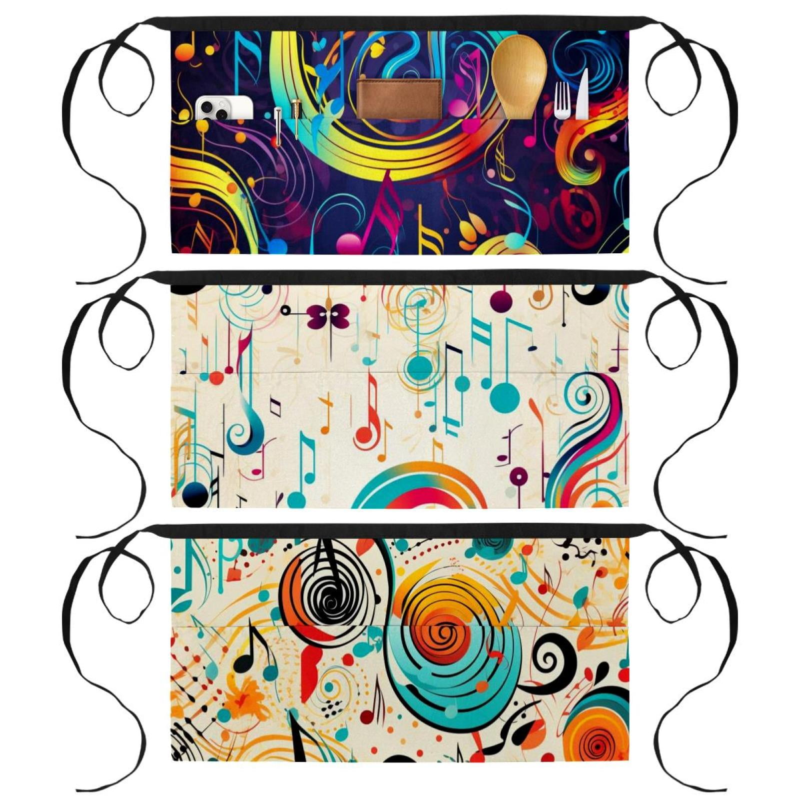 3 Pack Music Note Server Aprons with 3 Pockets - Unisex Short/Half Waiter Waist Short Apron ...