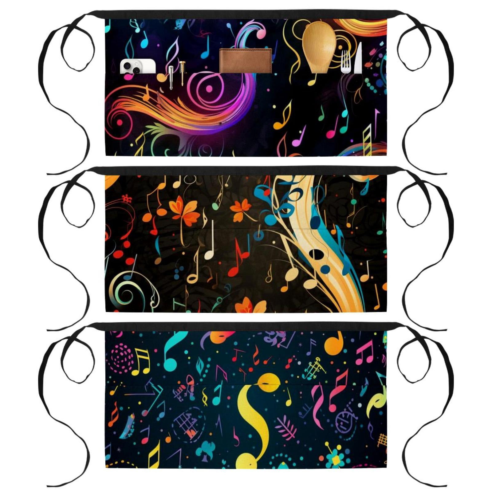 3 Pack Music Note Server Aprons with 3 Pockets - Unisex Short/Half ...