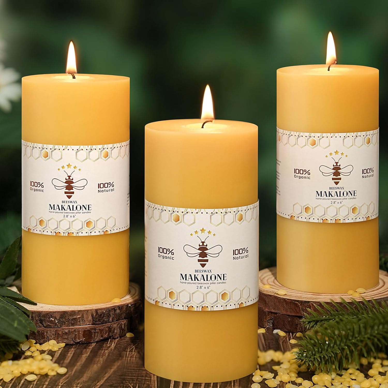 3 Pack Natural Beeswax Pillar Candles,100% Pure Beeswax Candles-285 ...