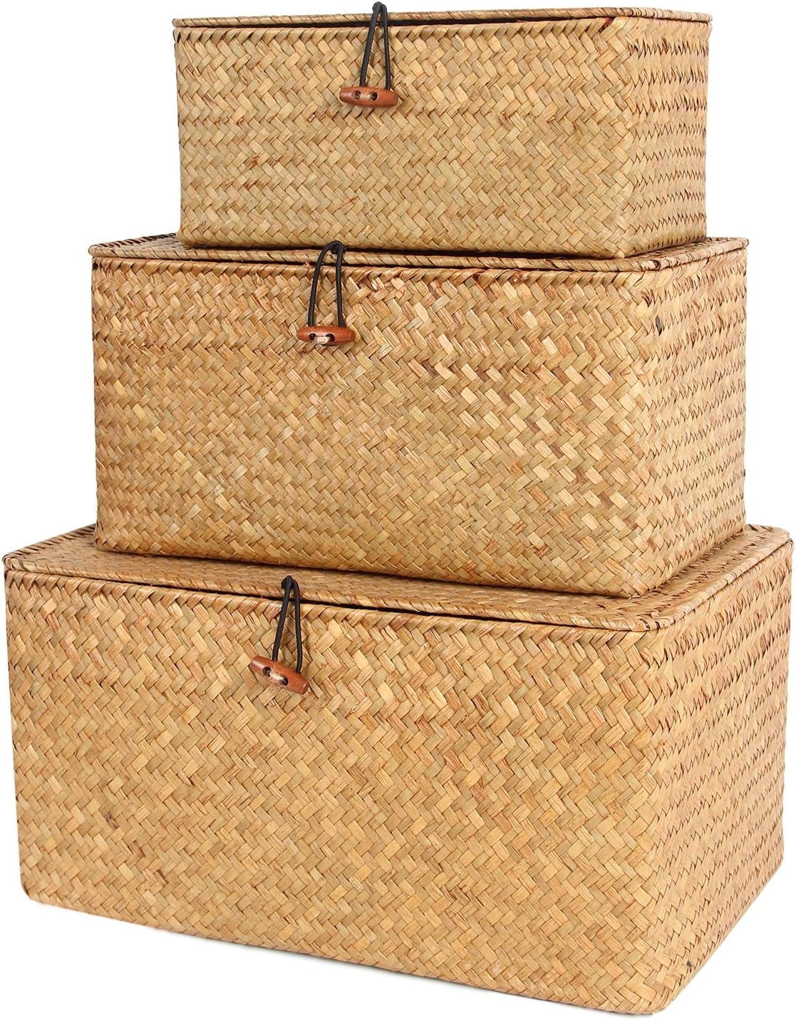 3 Pack Natural Rattan Storage Box, Large Storage Bins with Lids, Wicker ...
