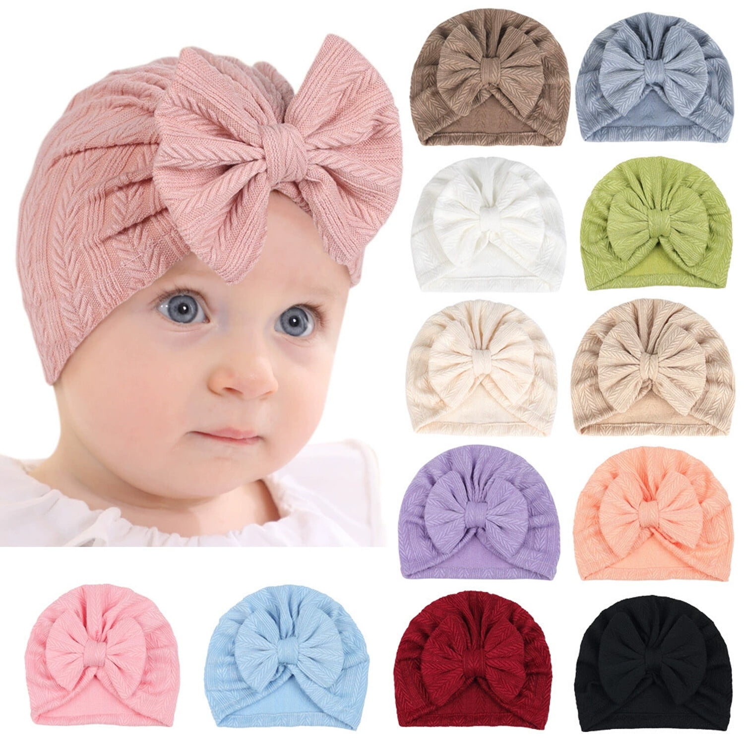 3 Pack Newborn Baby Girls Hats, Infant Turban Hats with Big Bow Beanie ...
