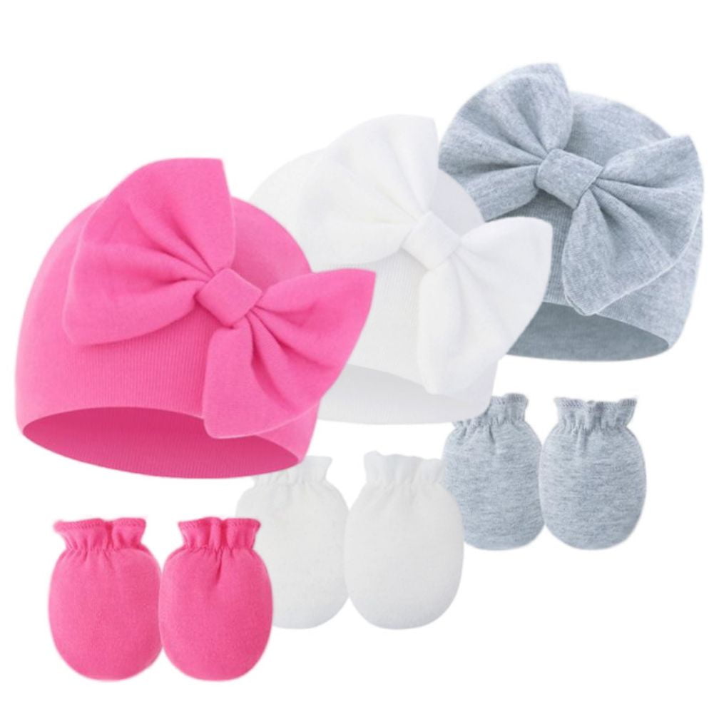 3 Pack Newborn Baby Hospital Hats Beanie Bow Infant Caps Baby Mittens ...