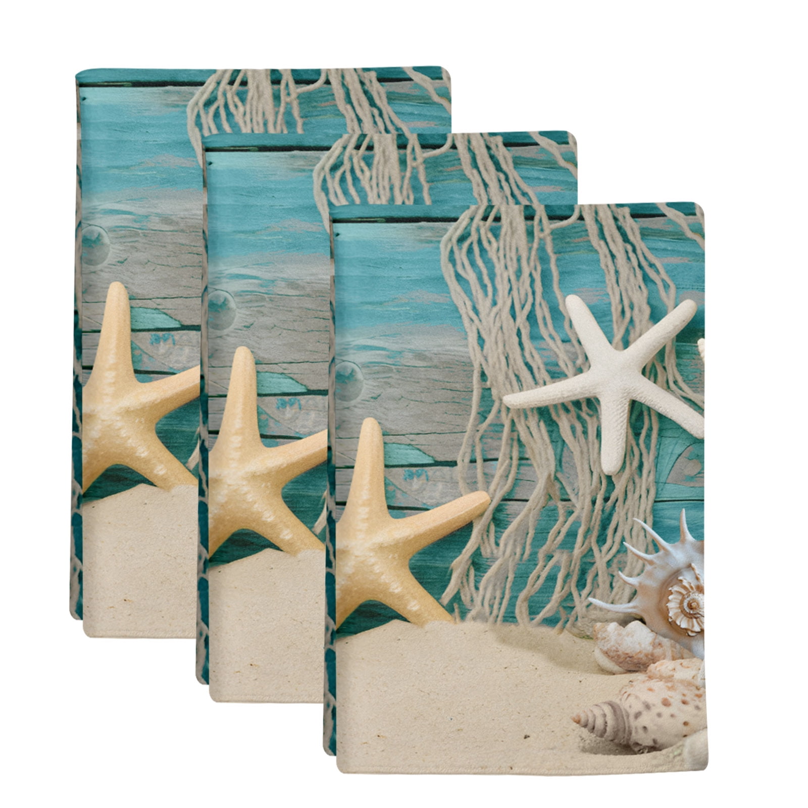 3 Pack Ocean Marine Kitchen Towels Vintage Shell Starfish Blue Wood ...