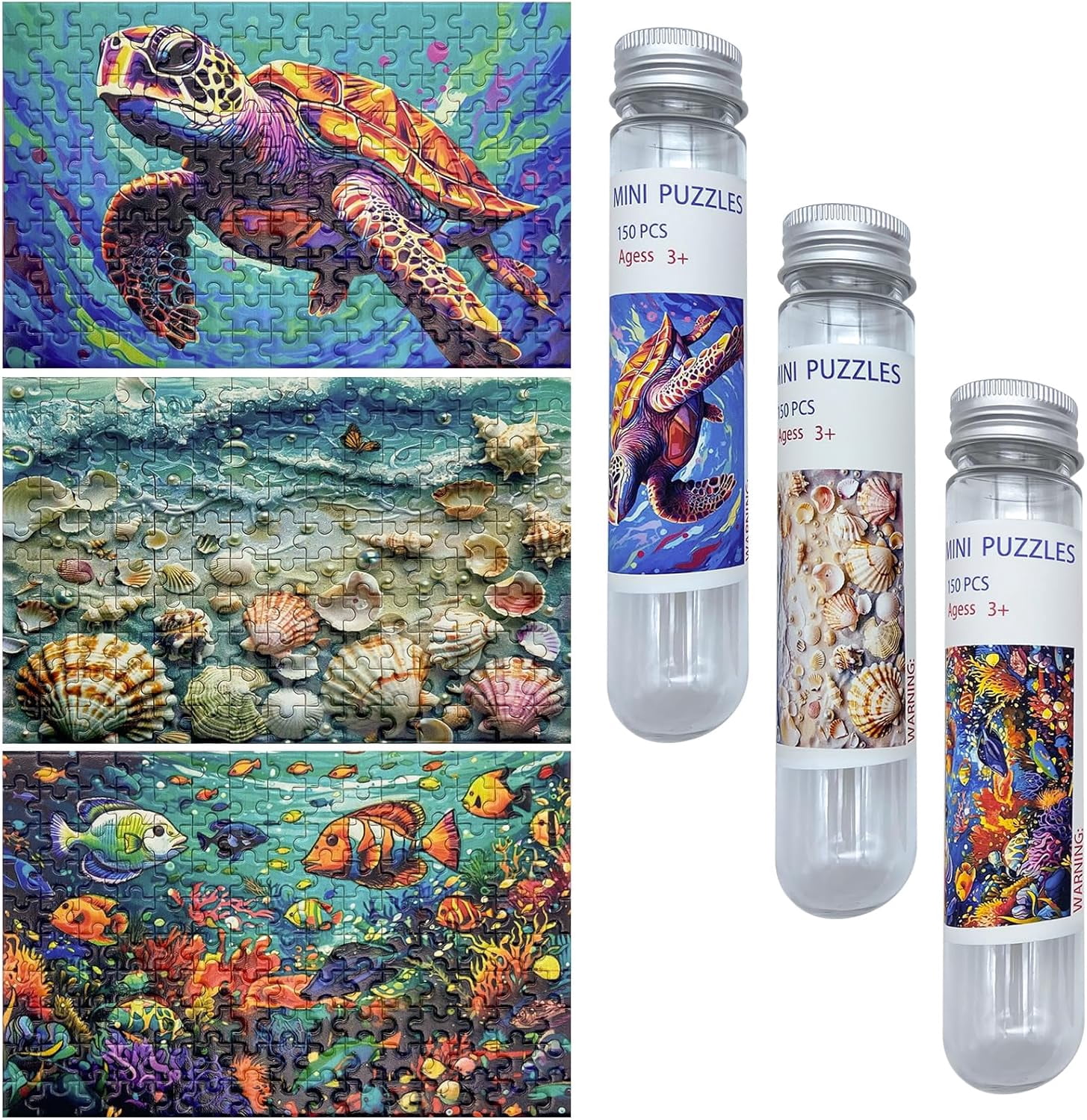 3-Pack Ocean Mini Jigsaw Puzzles, 150Pcs Portable Travel Puzzle with ...