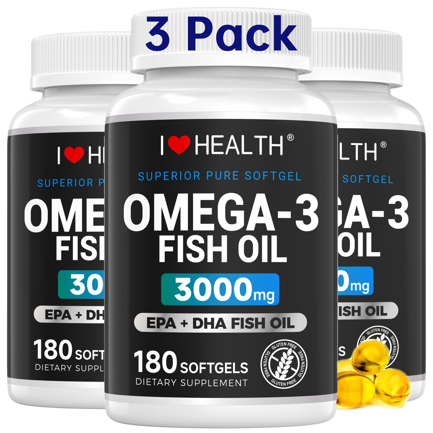 3 Pack Omega 3 Fish Oil Supplements 3000mg,Extra Strength Burp Less ...