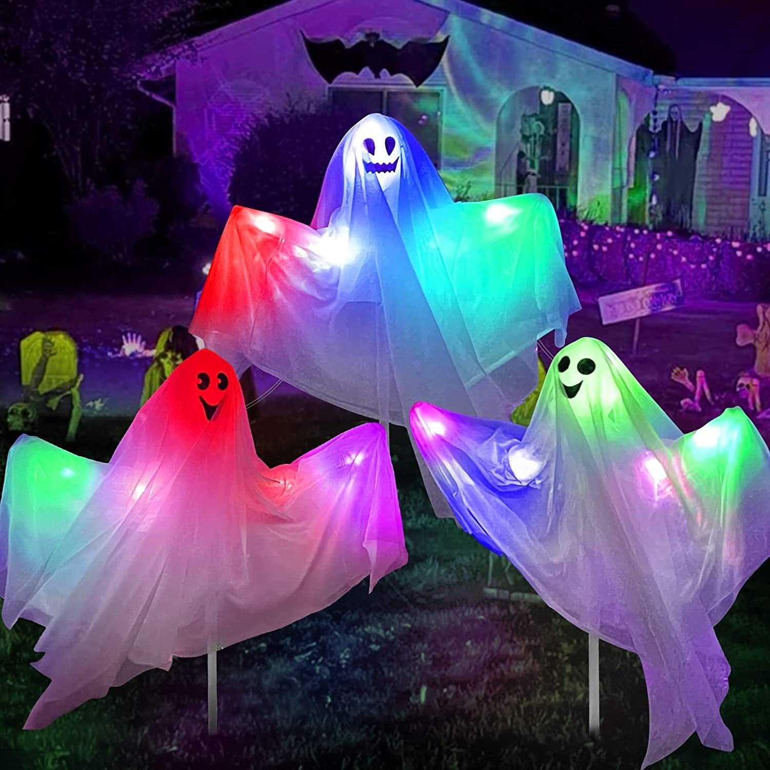 3 Pack Outdoor Decorations Light Up White Ghost Yard Stakes Timer 15 LED Colorful Flashing ...