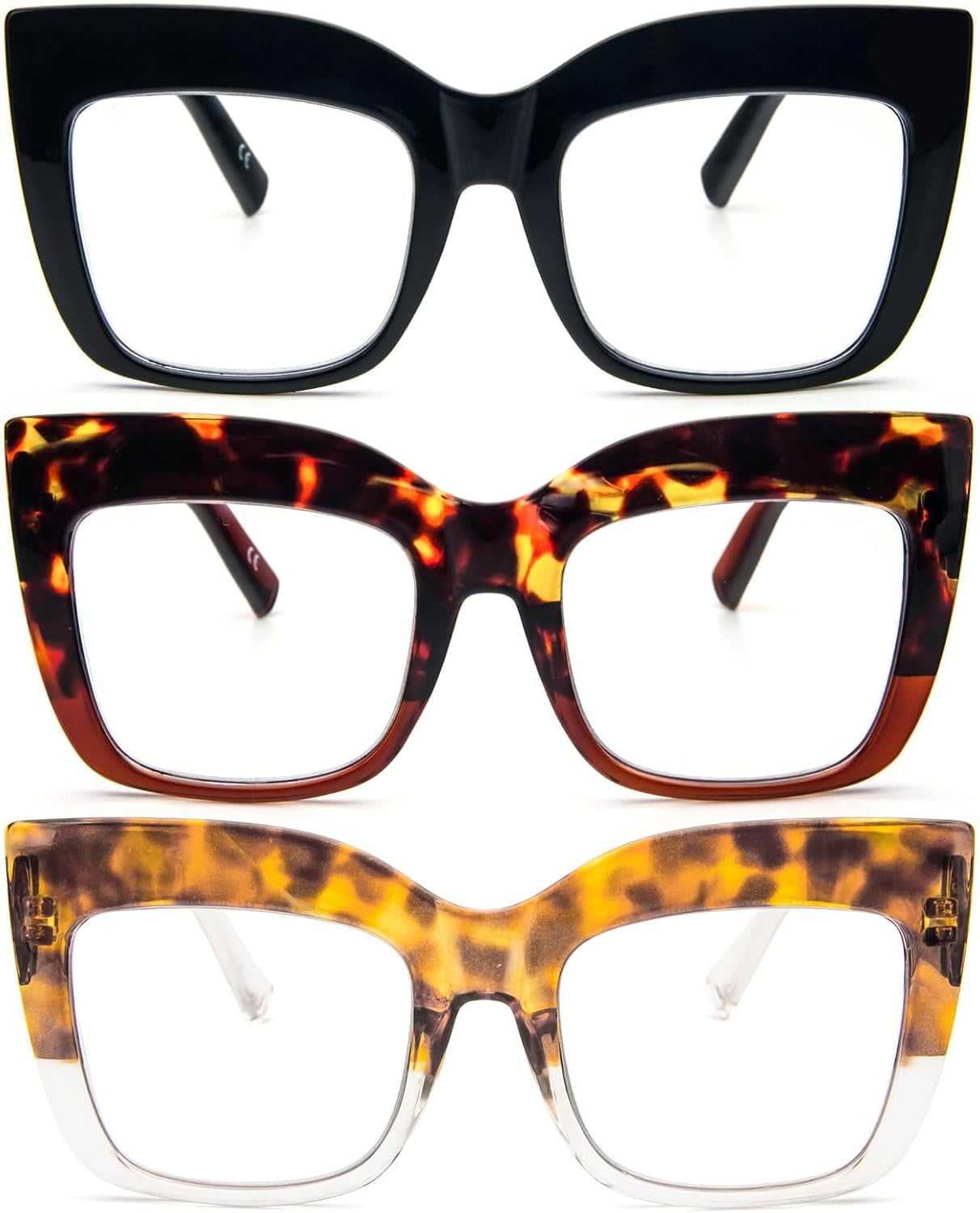 3 Pack Oversized Reading Glasses for Women Thick Large Frame Blue Light ...