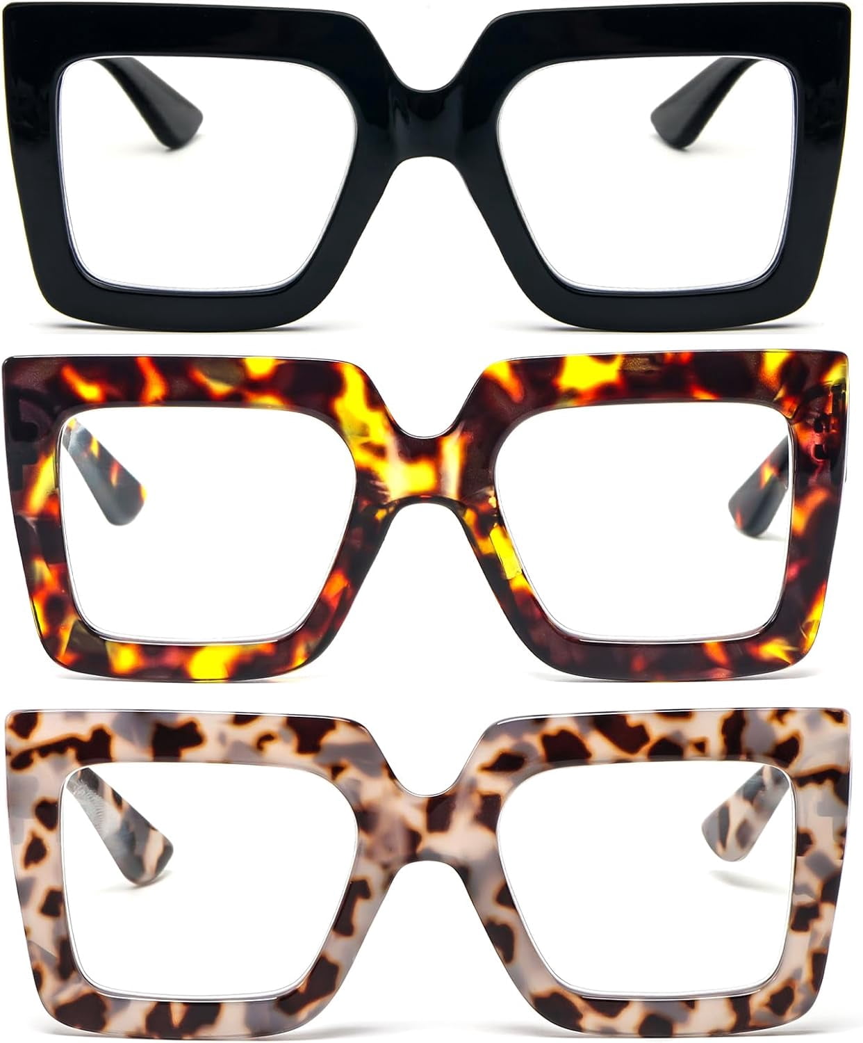 3 Pack Oversized Thick Frame Reading Glasses for Women,Stylish Square ...