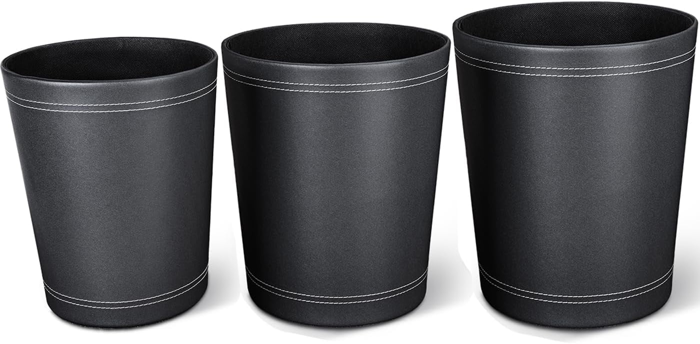 3 Pack PU Leather Small Office Trash Can Wastebasket, Round Garbage ...