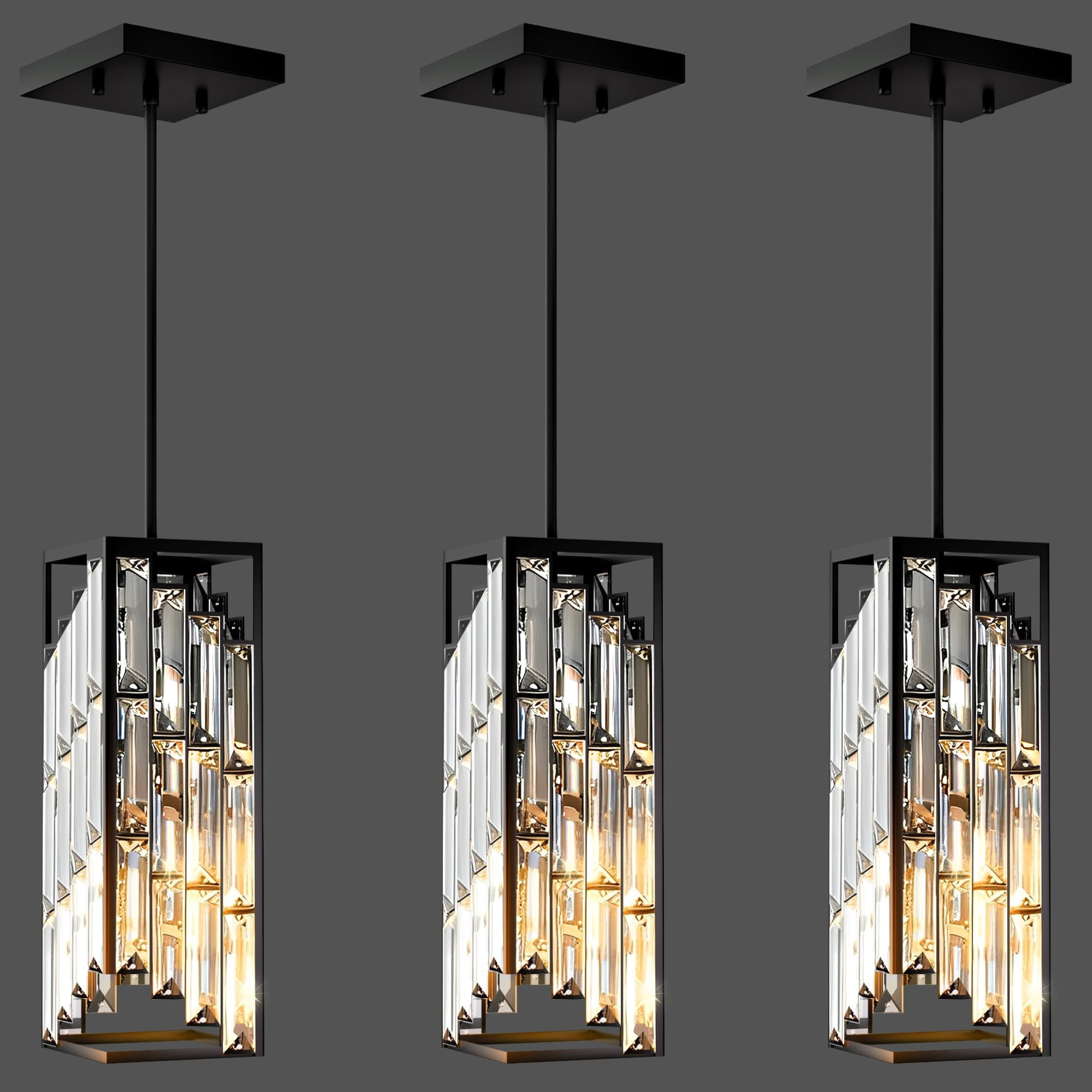 3-Pack Pendant Lights for Kitchen Island, Black Mini Crystal Chandelier ...