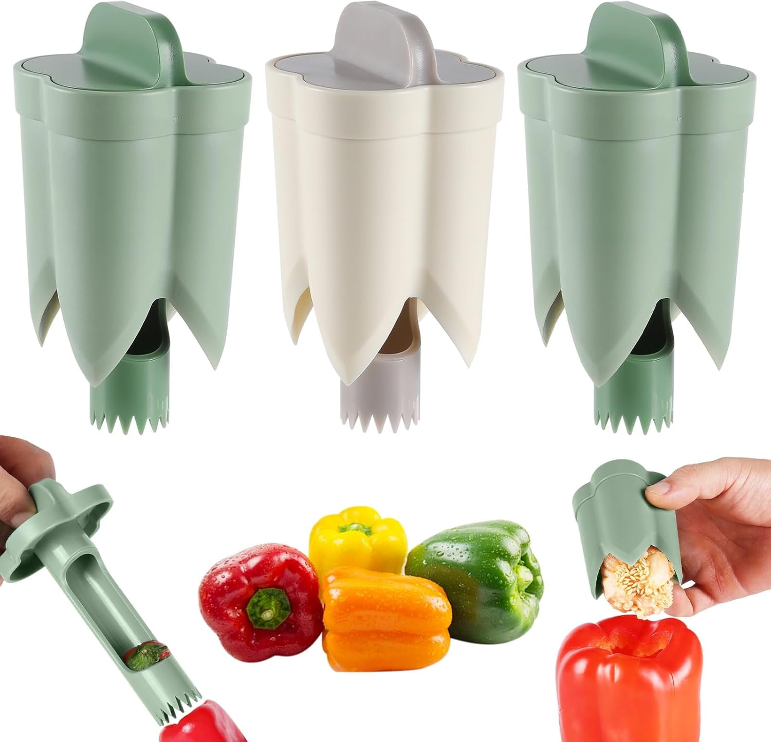3 Pack Pepper Seed Corer Remover, 2025 Upgraded 2 in 1 Bell Pepper Green Peppers Cutter ...