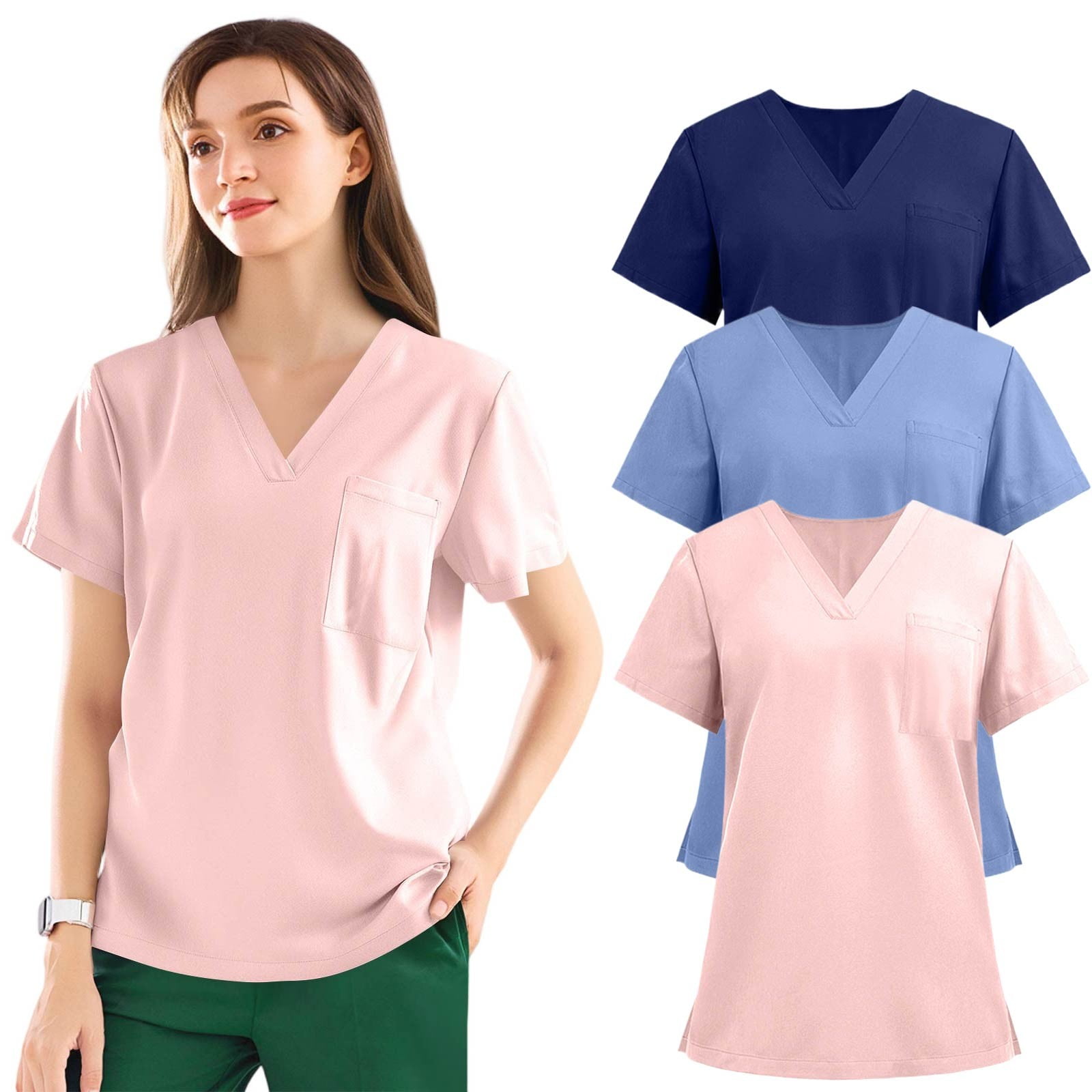 3 Pack Pink Medical Scrub Tops for Women - Soft Stretch,Curved V-Neck ...