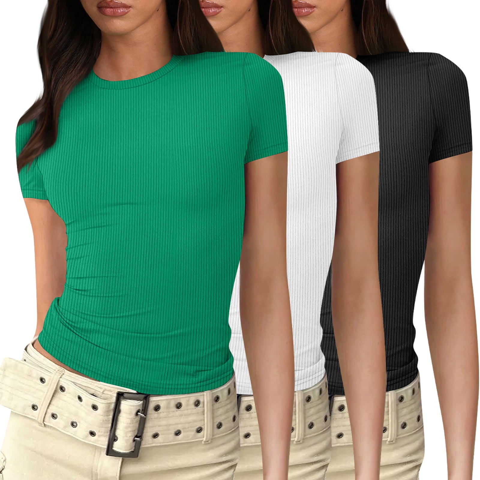 3 Pack Plain Womens Short Sleeve Crop Tops Cheap Y2k Workout Crew Neck ...