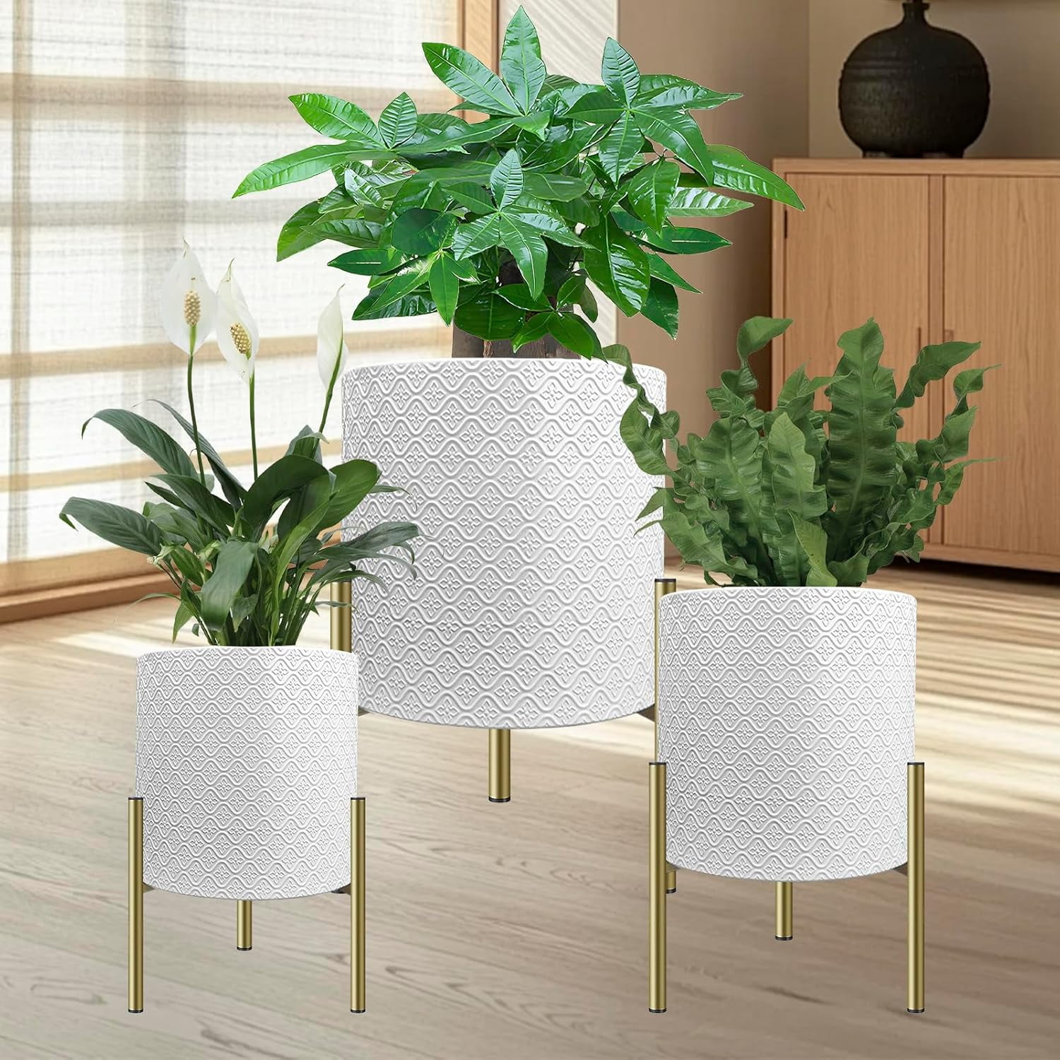 3 Pack Planter Pots with Stand and Drainage Holes, 8/10/12 Inch Indoor ...