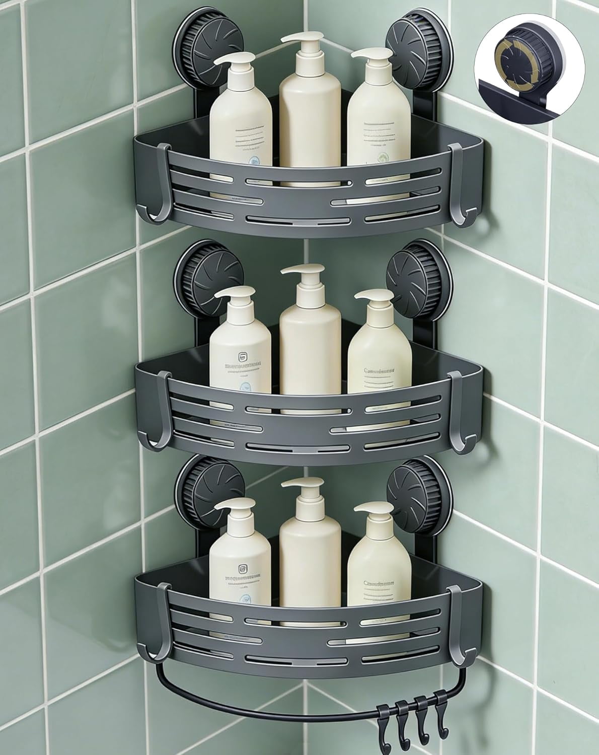 3 Pack Plastic Corner Shower Caddy with Twist-Lock Suction Cups & a Pre ...