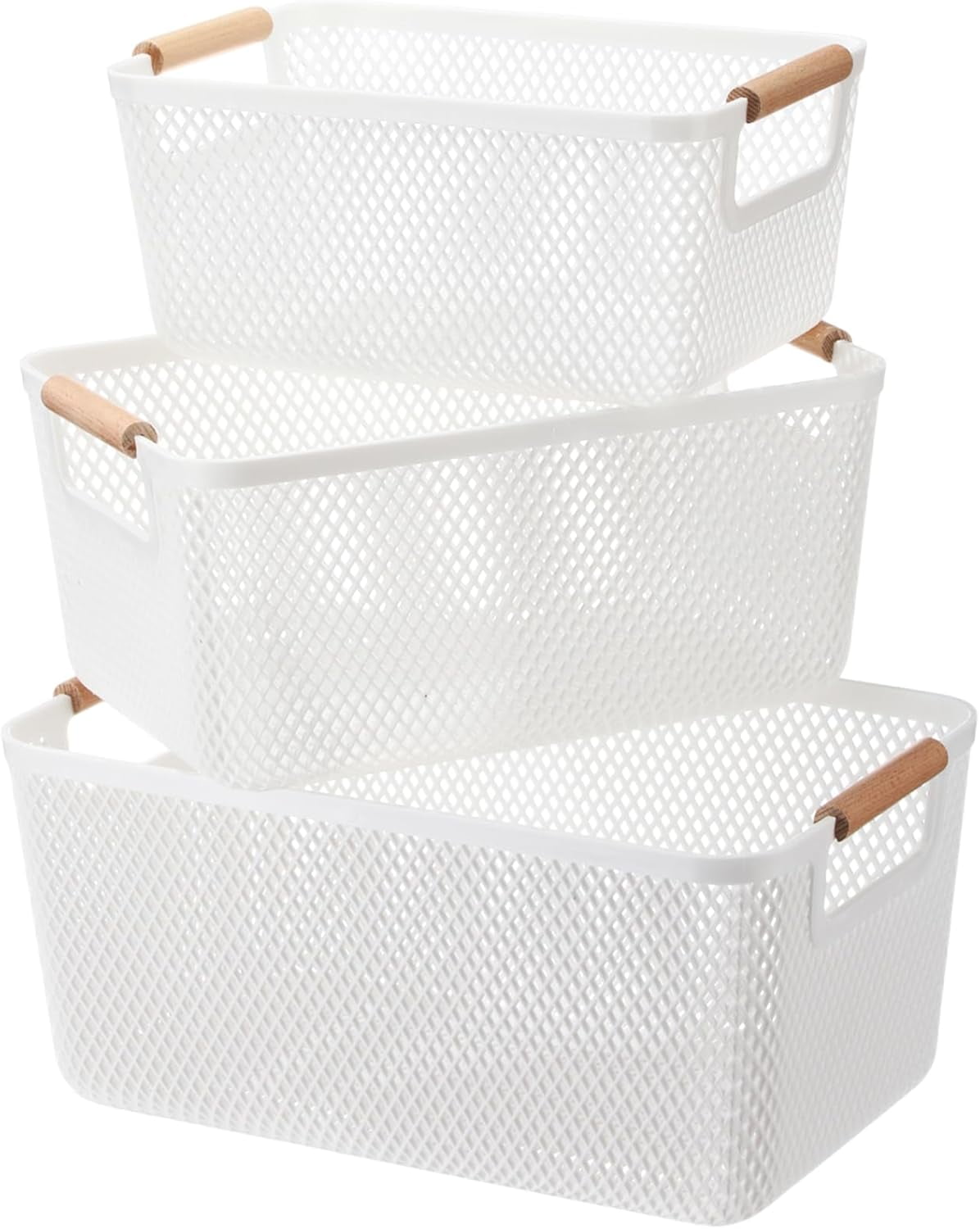 3 Pack Plastic Mesh Basket with Wooden Handles - PP Material Storage ...