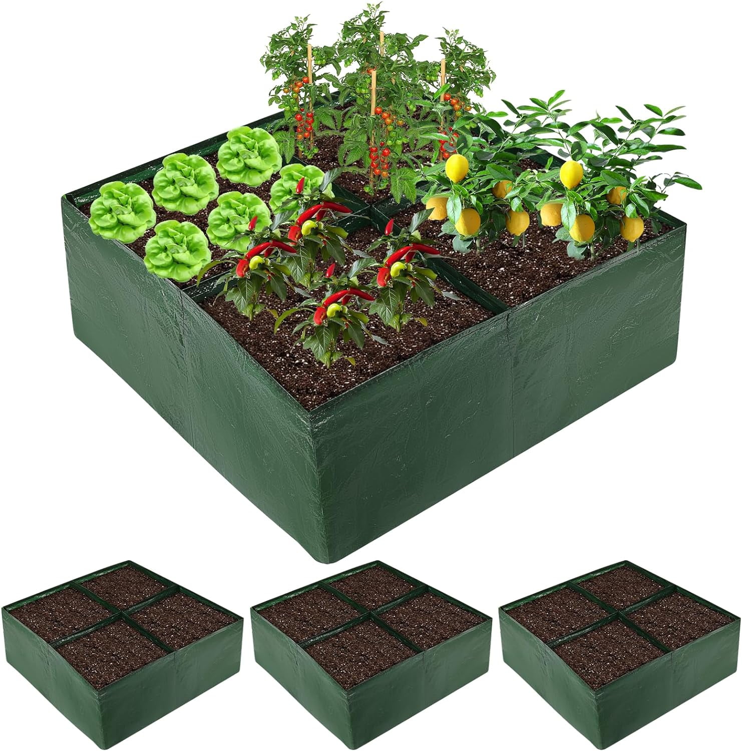 3 Pack Plastic Raised Garden Bed, 4 Grids Square Grow Bags PE Vegetable ...