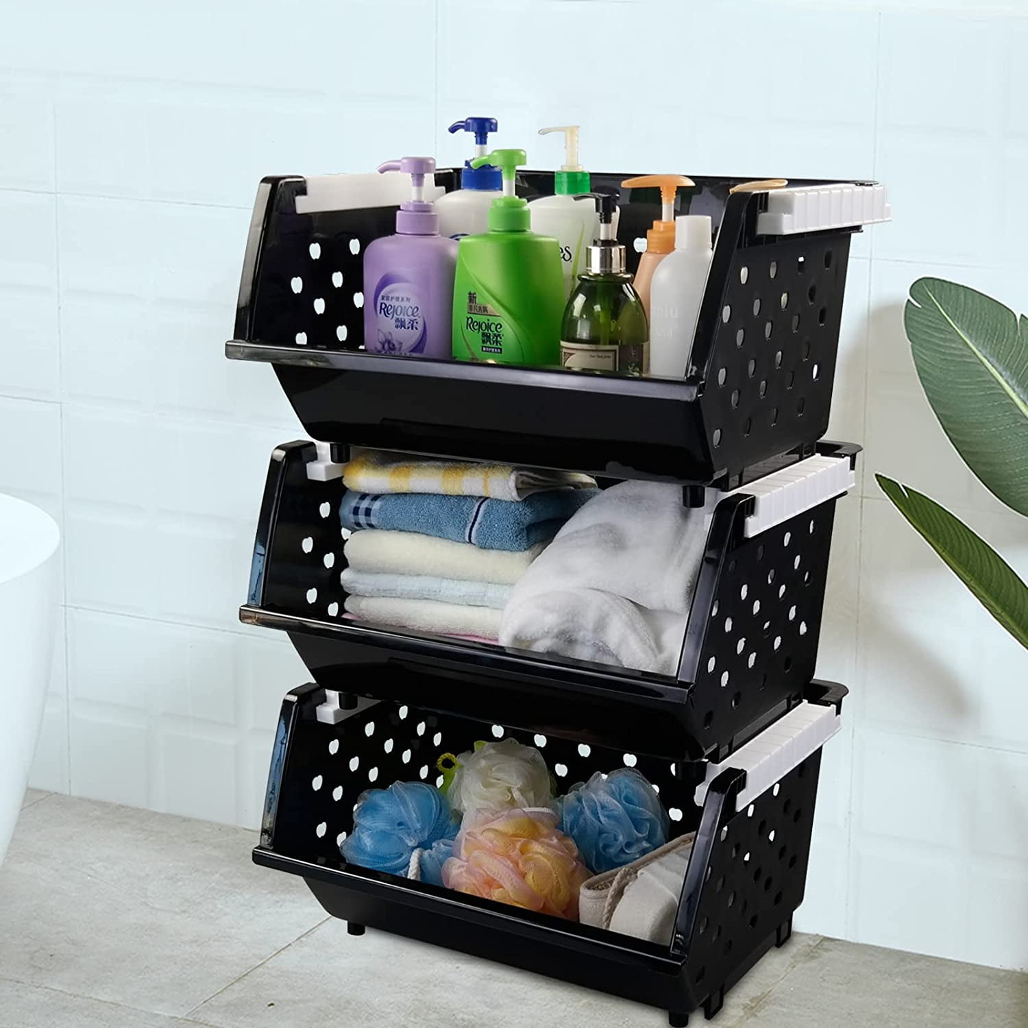 3-Pack Plastic Stackable Organizer Basket, Stacking Storage Basket ...
