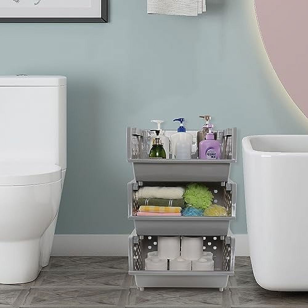 3 Pack Plastic Stackable Storage Baskets, Open Front Stacking Bins ...