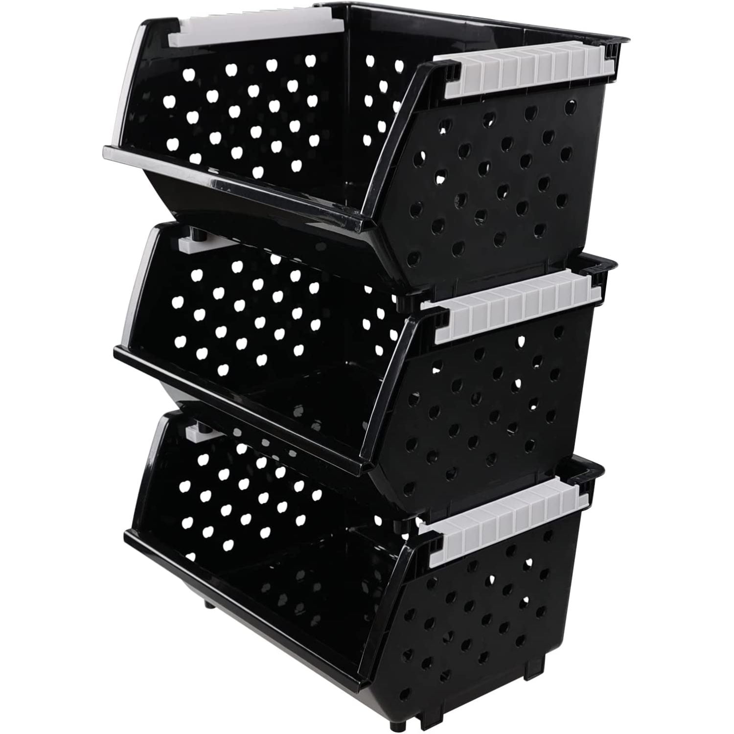 3-Pack Plastic Stacking Storage Basket, Stackable Bin Organizer, Black ...