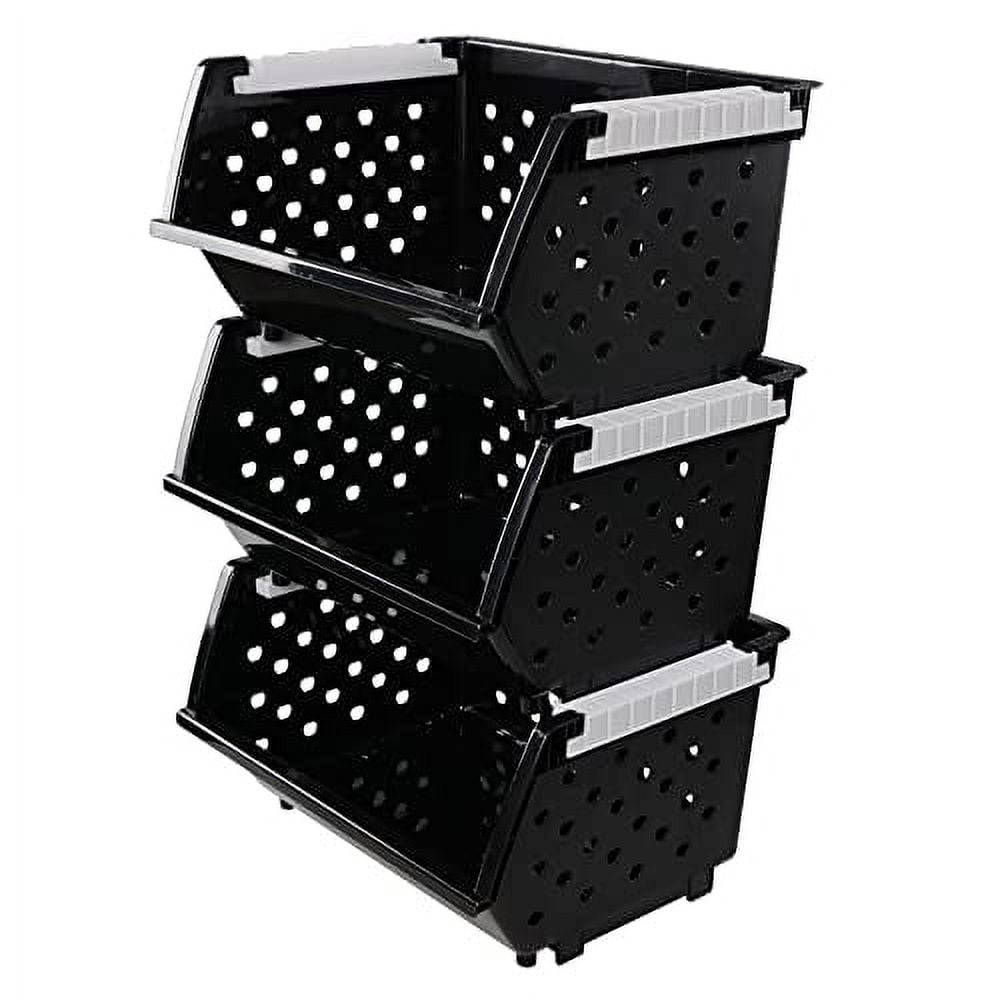 3-Pack Plastic Stacking Storage Basket, Stackable Bin Organizer, Black ...