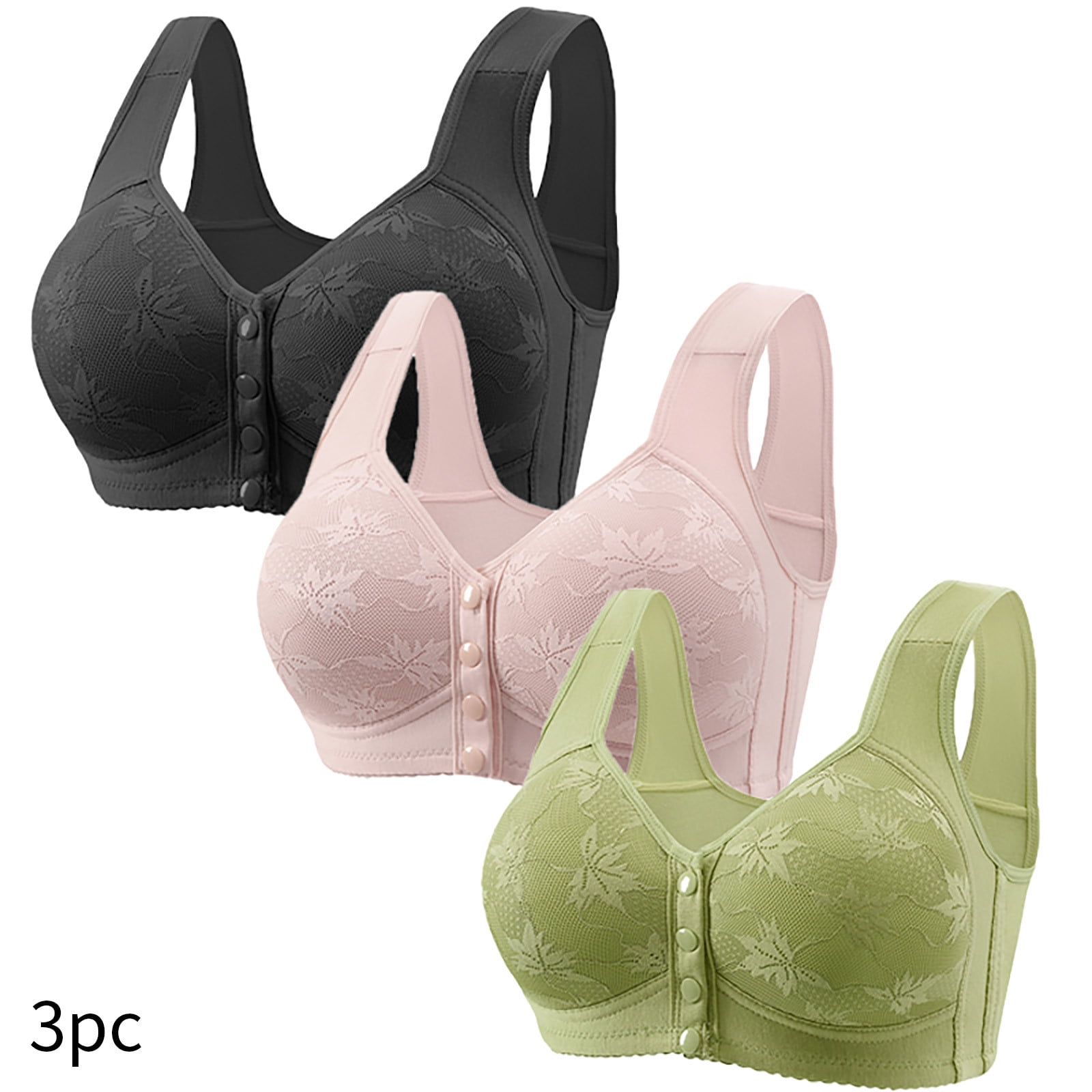 3 Pack Plus Size Bras for Seniors Front Closure Printed Wirefree Bra ...