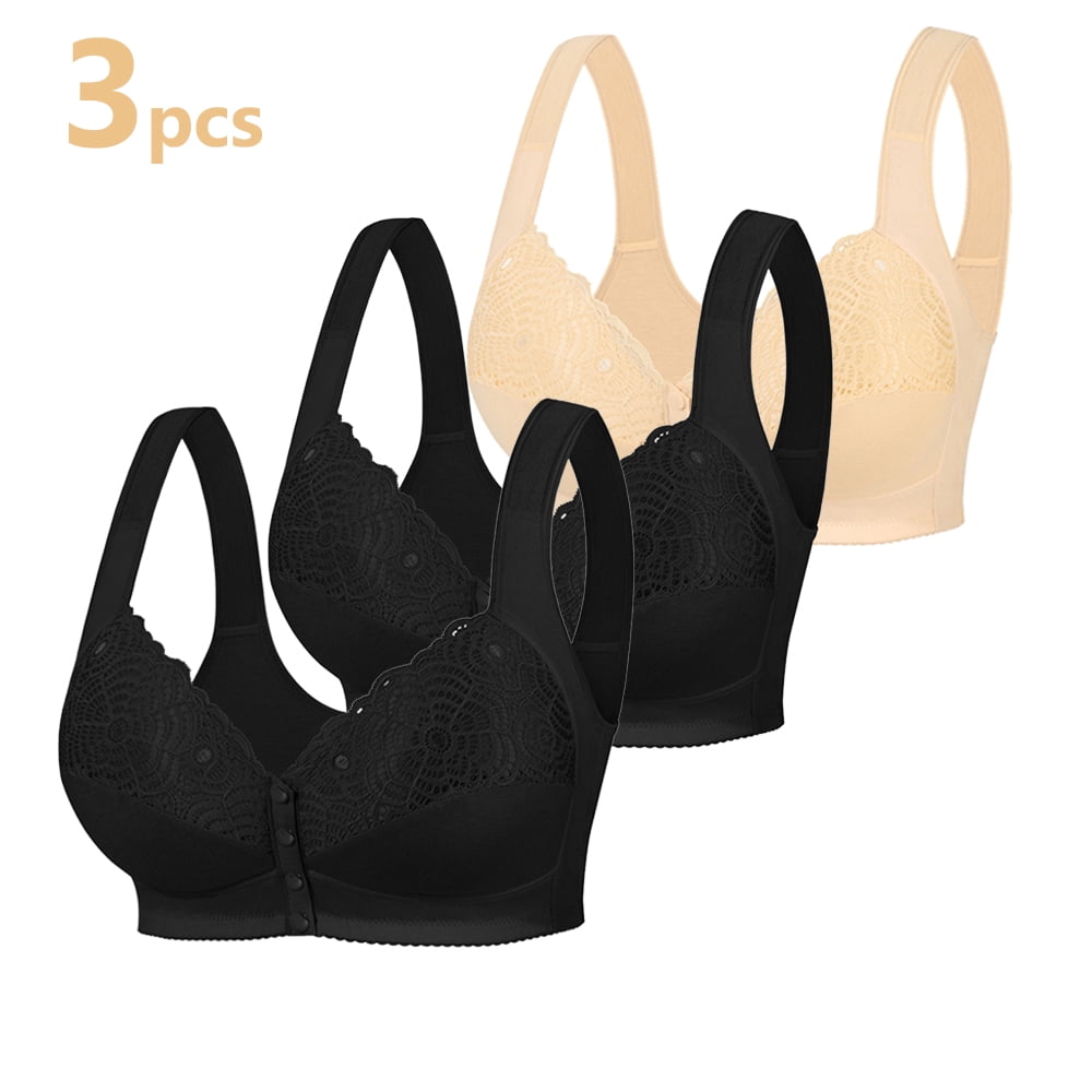 3 Pack Plus Size Women's Front Closure Bras, No Underwire Lace Full ...