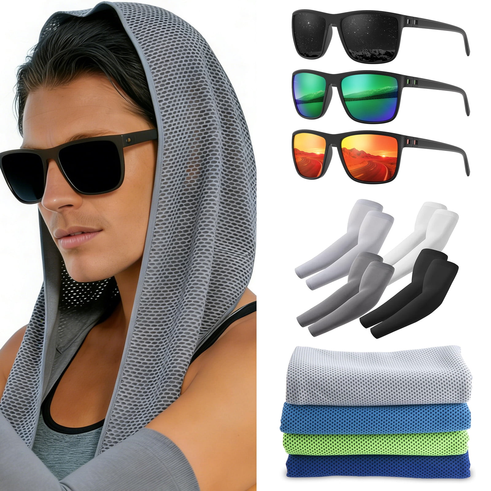 3 Pack Polarized Sports Sunglasses with Cooling Towels & UV Arm Sleeves ...