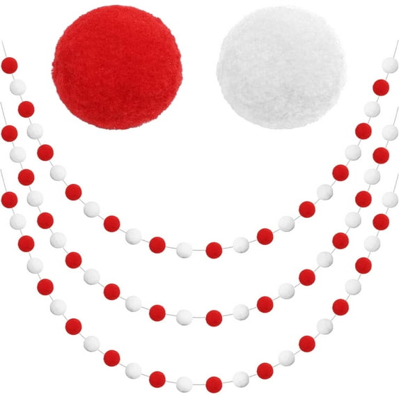 3-Pack Pom Pom Garland Red and White Felt Ball Ornament Garland, Cute ...