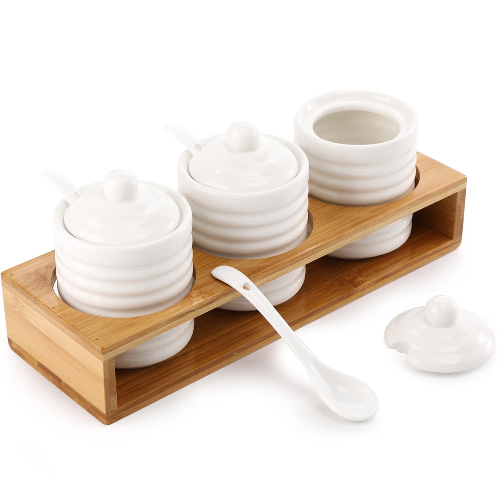 3 Pack Porcelain Condiment Jar with Lid and Spoon, Ceramic Salt and ...