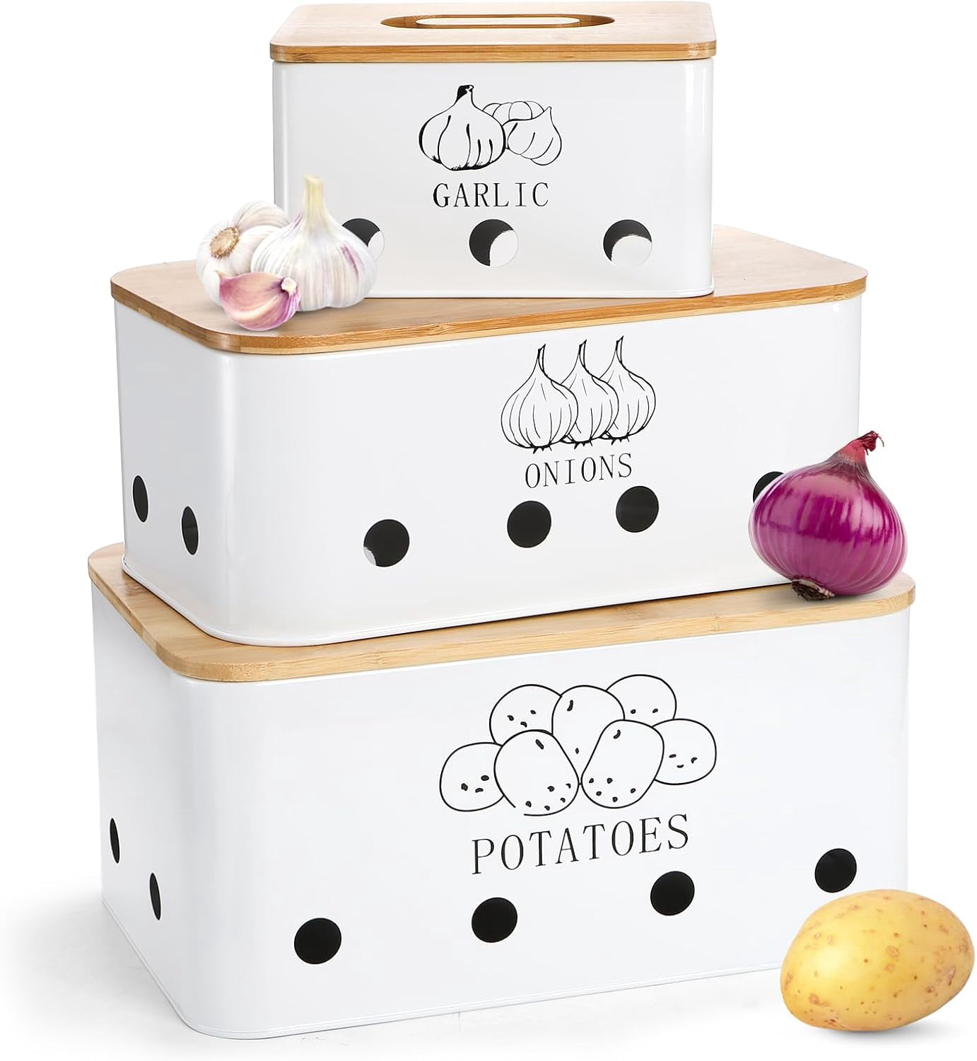 3 Pack Potato Onion Garlic Storage Set, Iron Vegetable Storage Bins ...