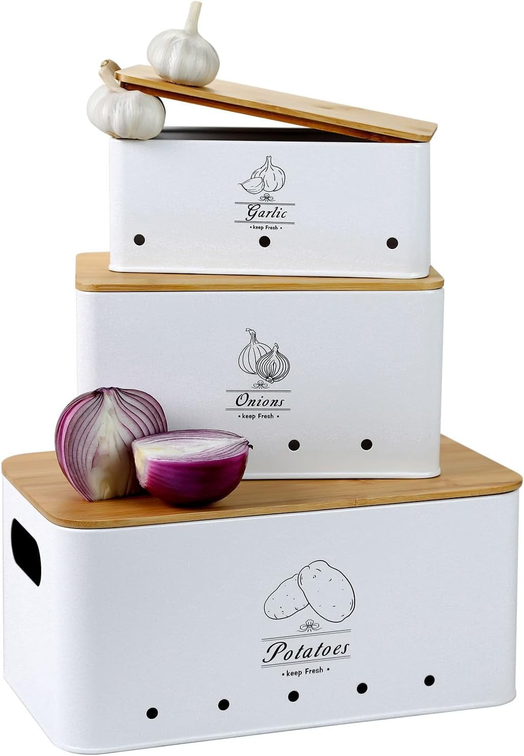 3 Pack Potato Storage, Metal Onion and Potato Storage Bins with Bamboo ...