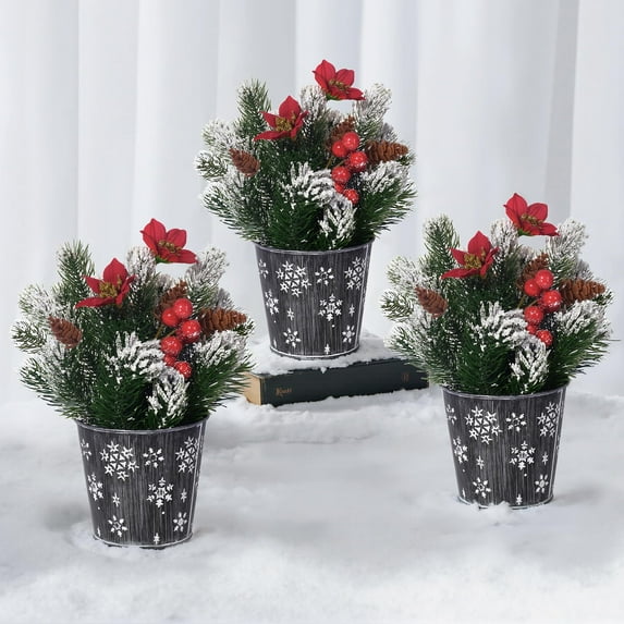 3 Pack of Potted Snowy Norfolk Pine Branches Poinsettias Barries and ...