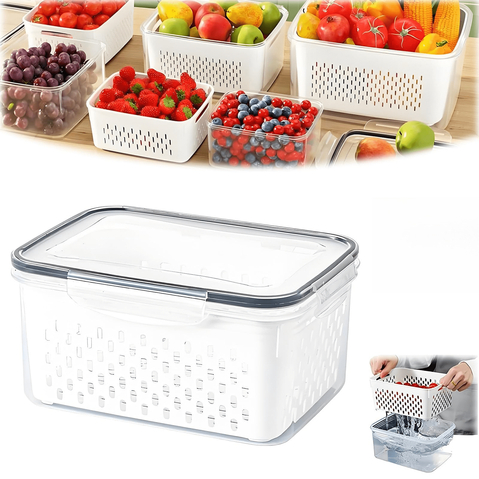 3-Pack Produce Saver Containers for Fridge, 4-in-1 Fruit Storage with ...