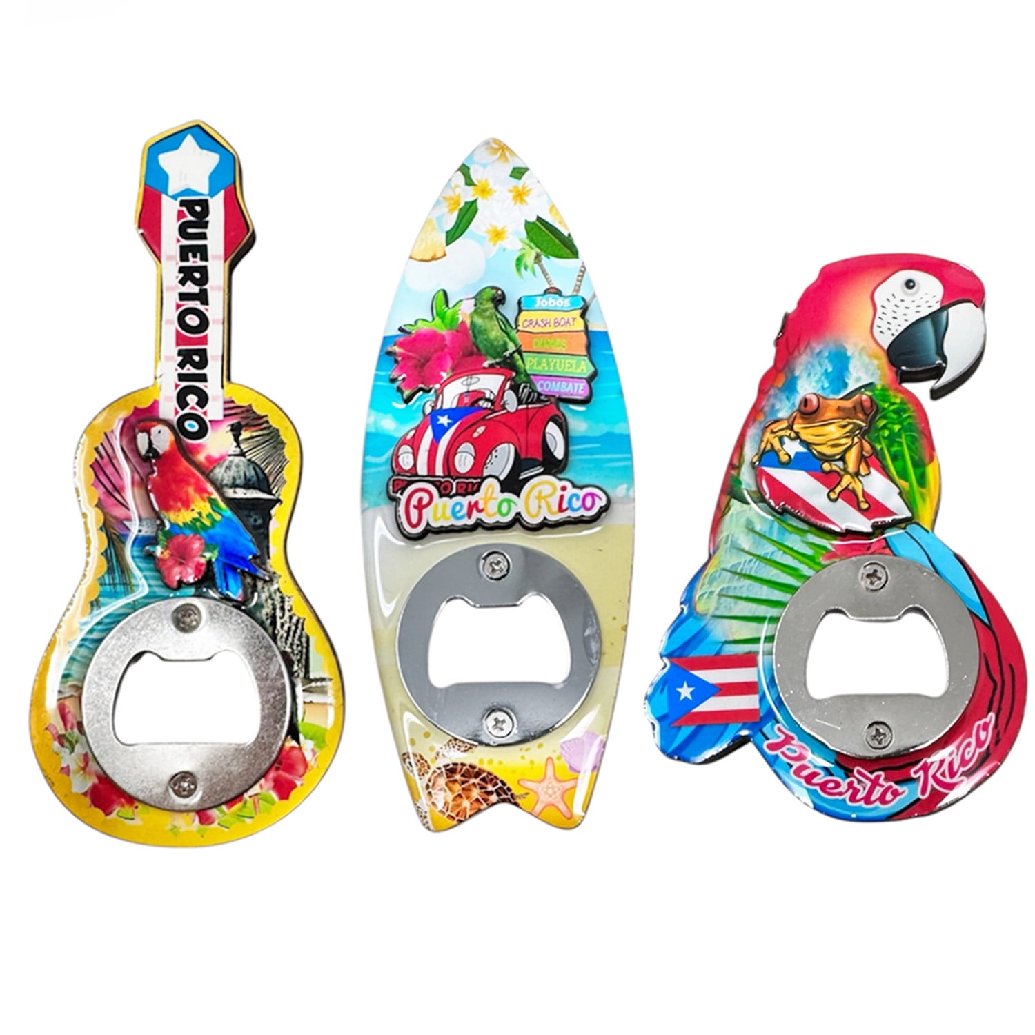3 Pack Puerto Rico Fridge Magnets with Bottle Opener – 3D Souvenir Magnets Featuring Parrot ...