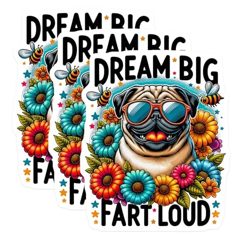 (3 Pack) Pug Decals - Dream Big Fart Loud - Funny Dog Laptop Decals - 3 ...