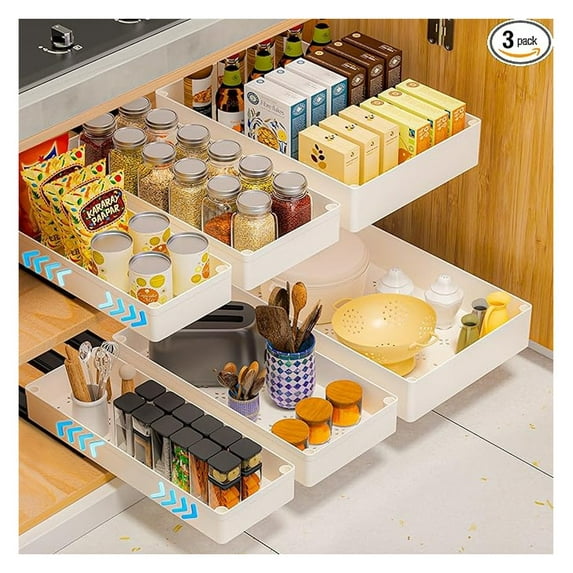 3 Pack Pull Out Drawer Organizer Kit, 3 Sizes Adhesive Drawers for ...