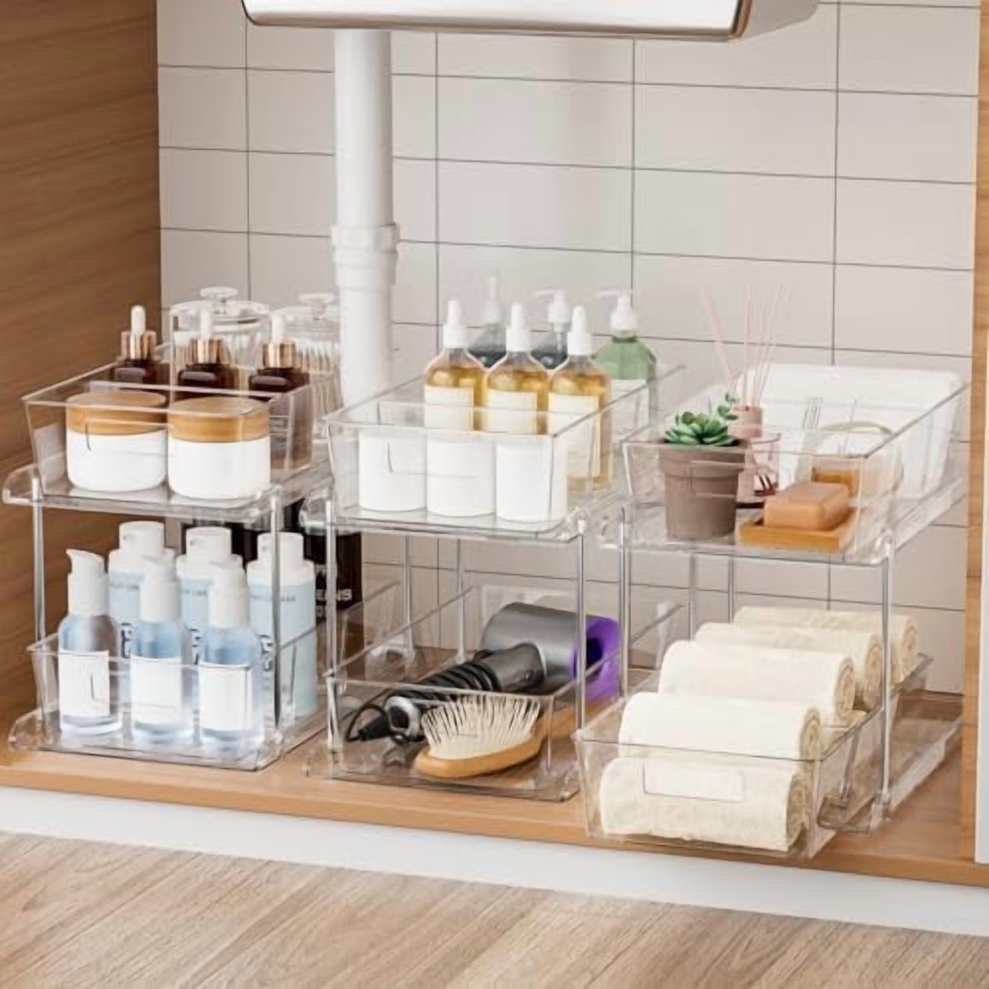3-Pack Pull-Out Home Organizers, 2 Tier Clear Bathroom Organizer with ...