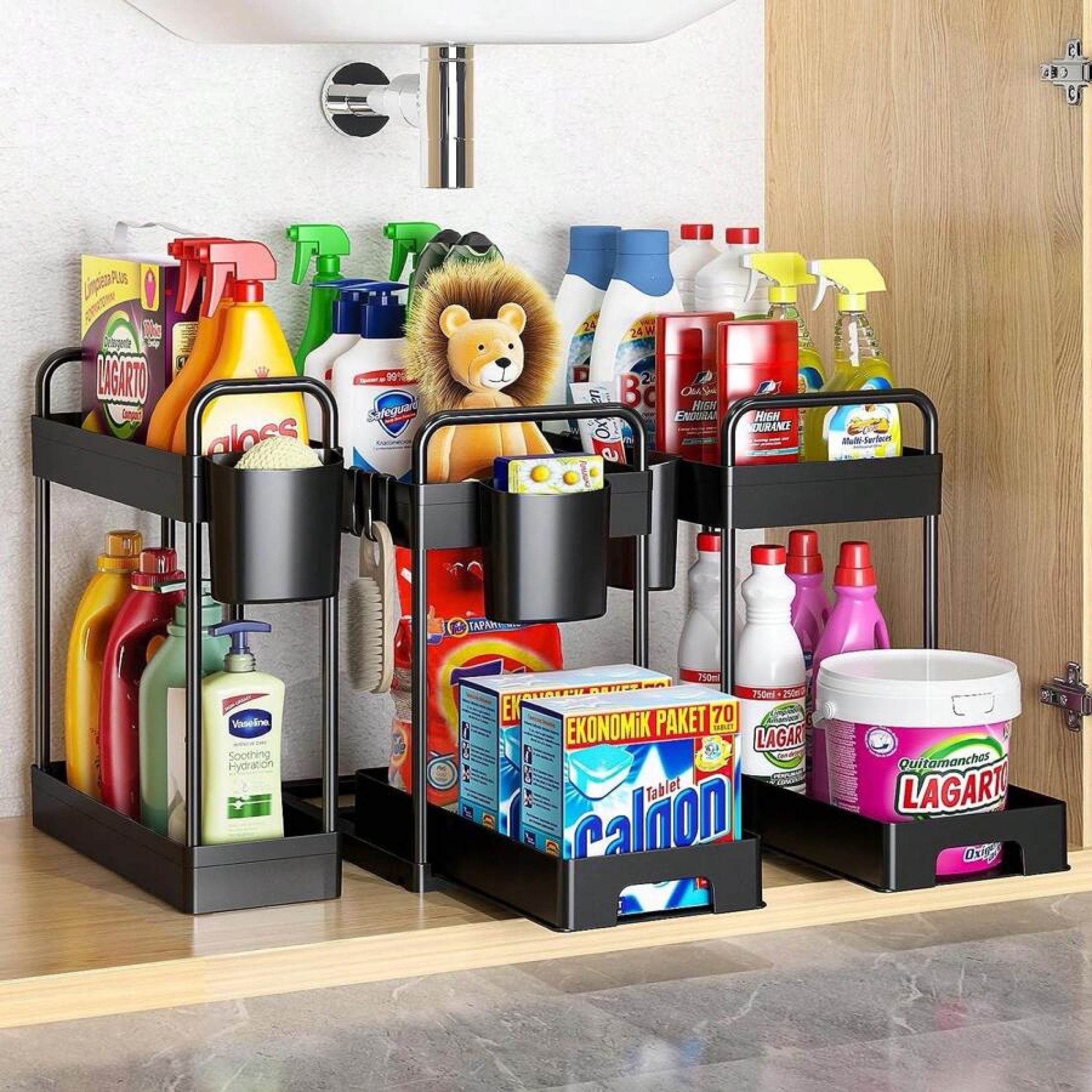 3 Pack Pull Out Under Sink Organizer - 2 Tier, Matte Black Multi ...