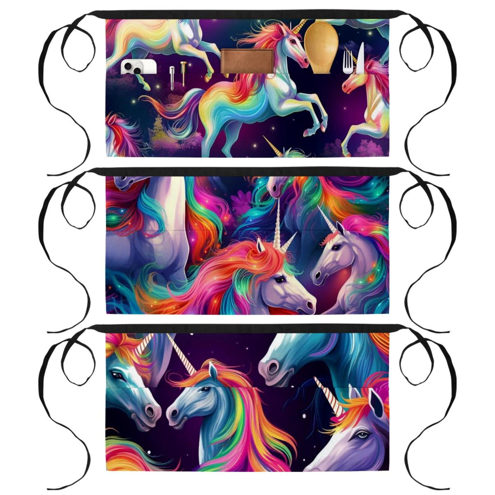 3 Pack Rainbow Unicorn Server Aprons with 3 Pockets - Unisex Short/Half ...