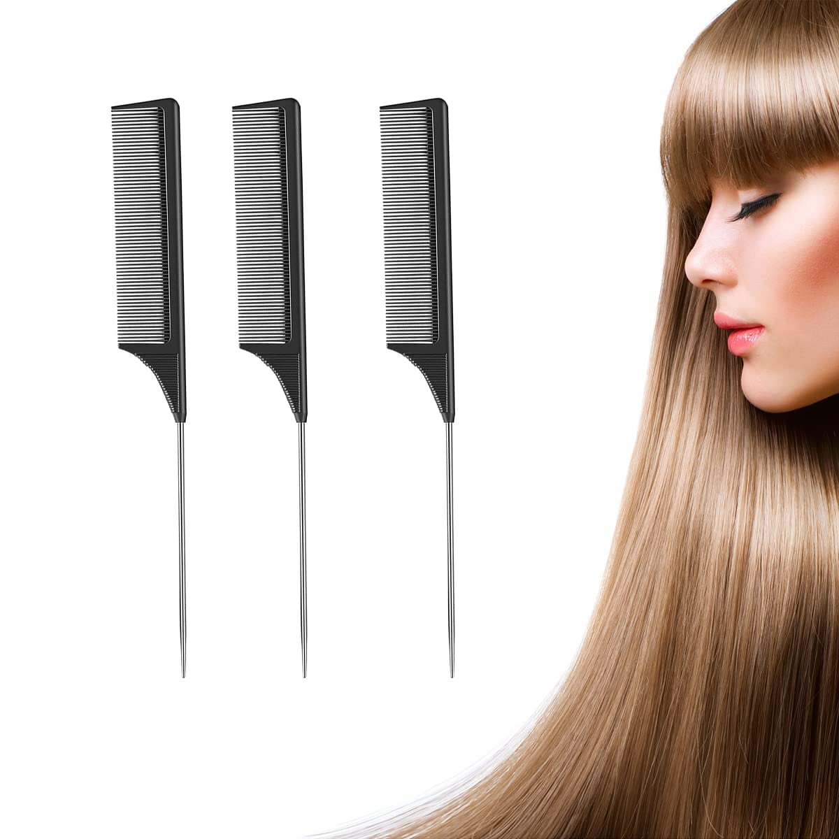 3 Pack Rat Tail Combs with Heat Resistant Carbon Fiber Fine Tooth and ...