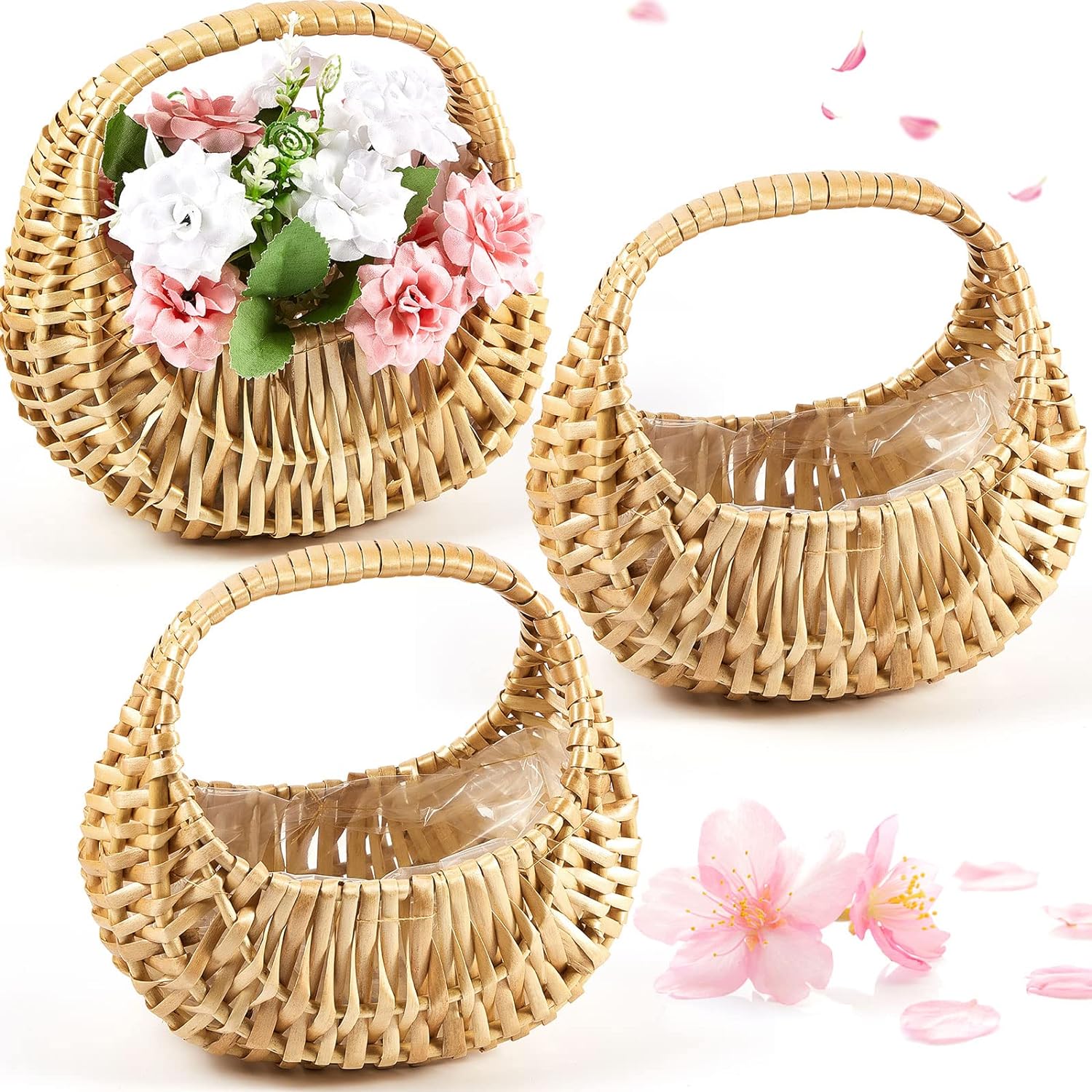 3 Pack Rattan Flower Girl Basket Small Half Moon Straw Wicker Basket ...